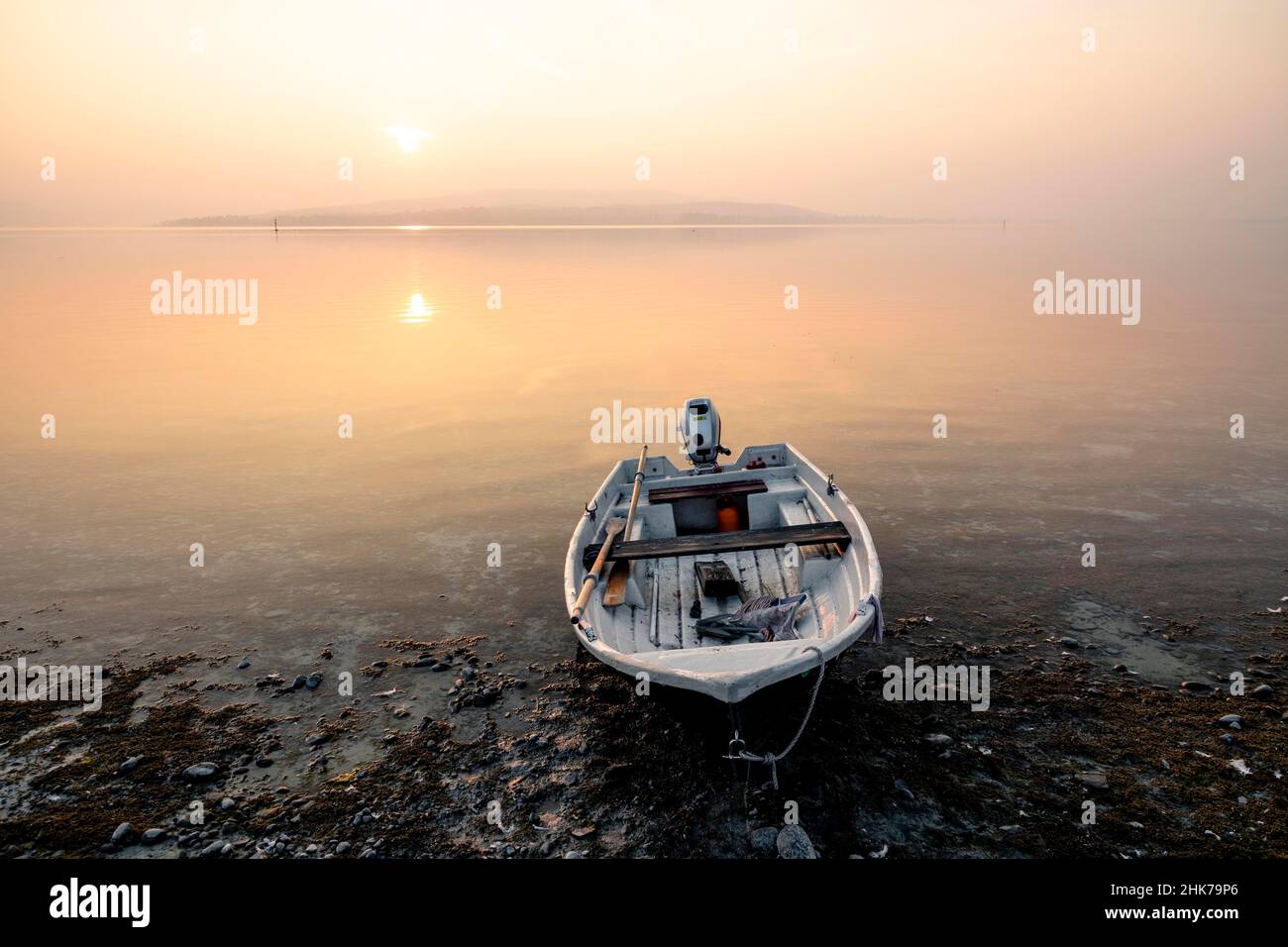 Sunset with fishing boat on Reichenau Island Lake Constance, Baden ...