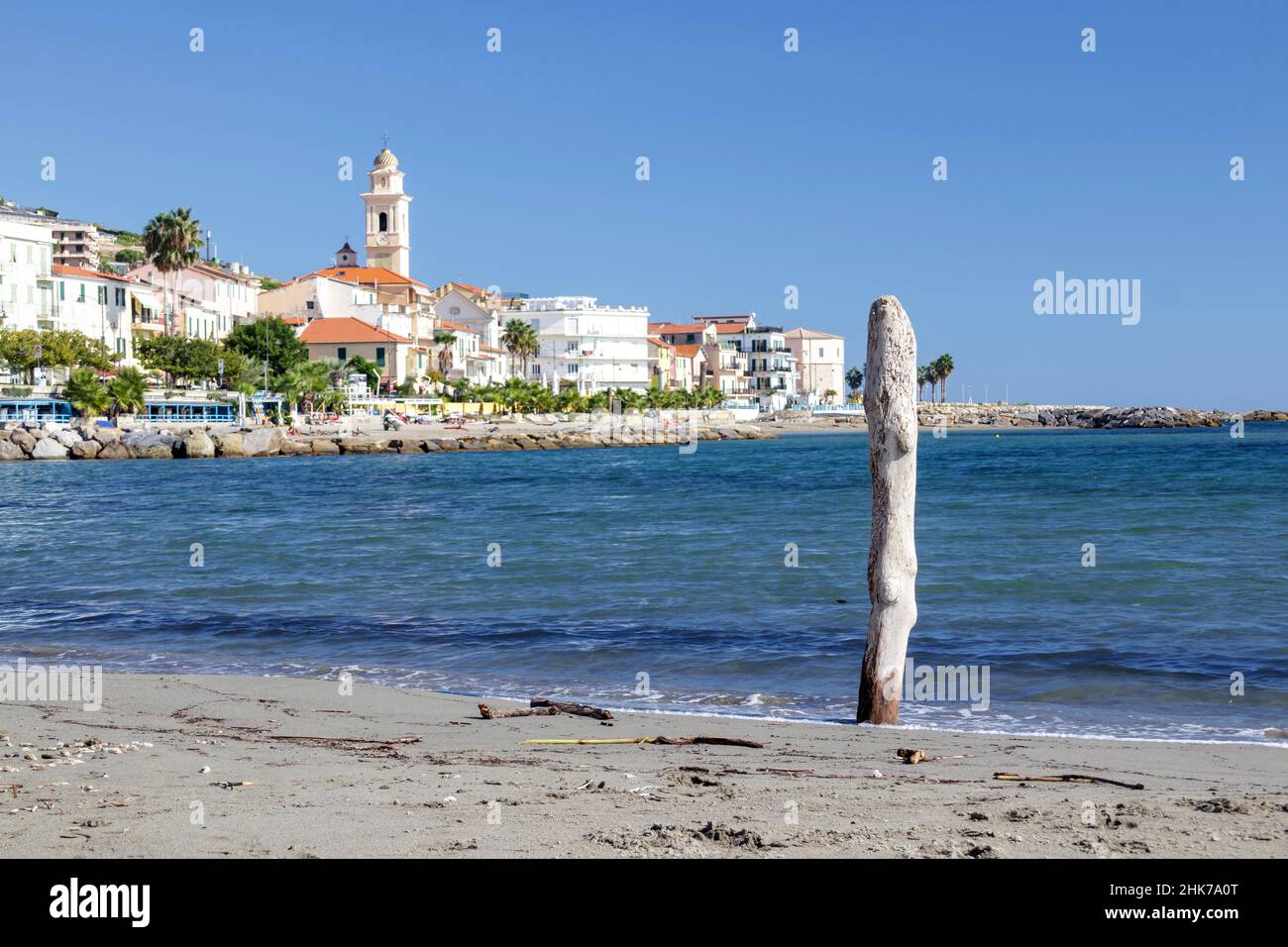 Alluvial wood on the sandy beach in San Stefano al Mare, Liguria, Italy ...