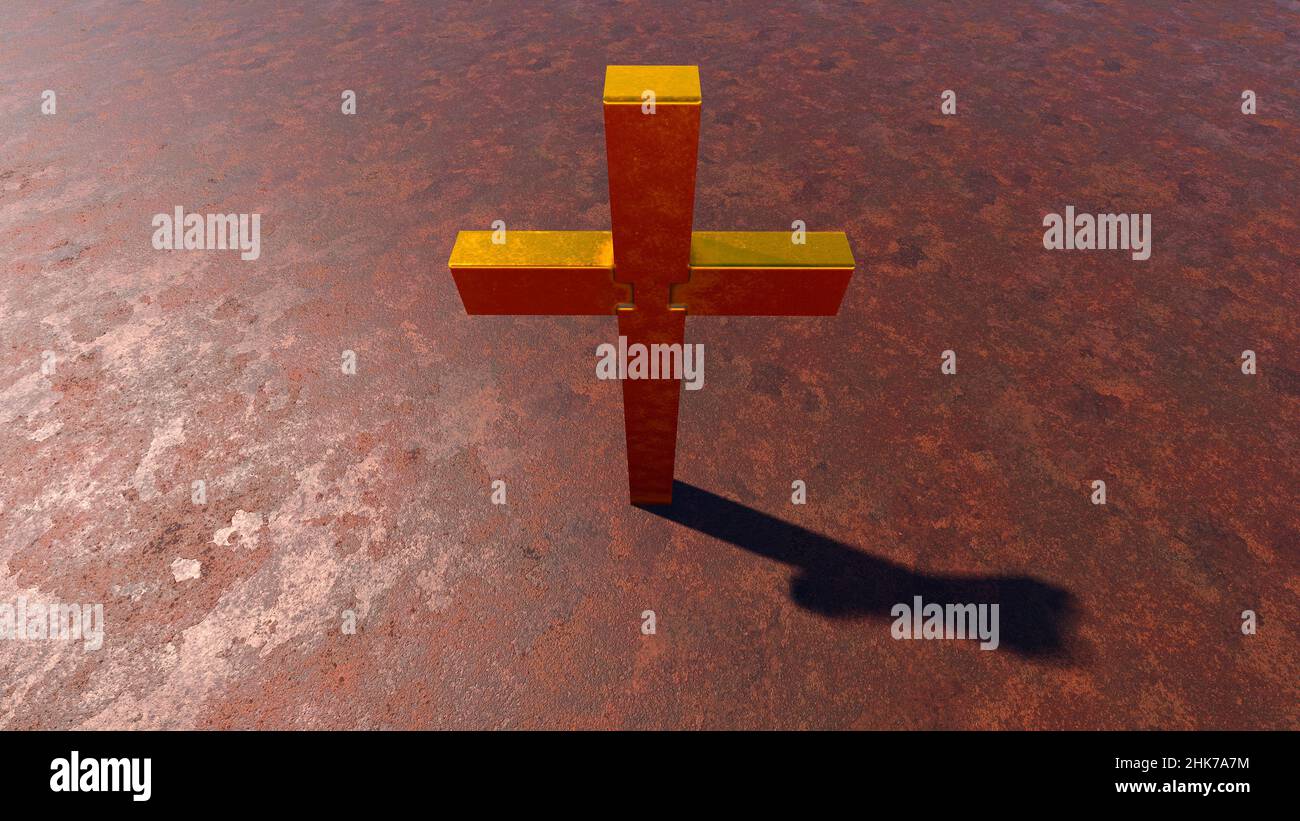 Concept or conceptual golden cross on a rusted corroded metal or steel ...