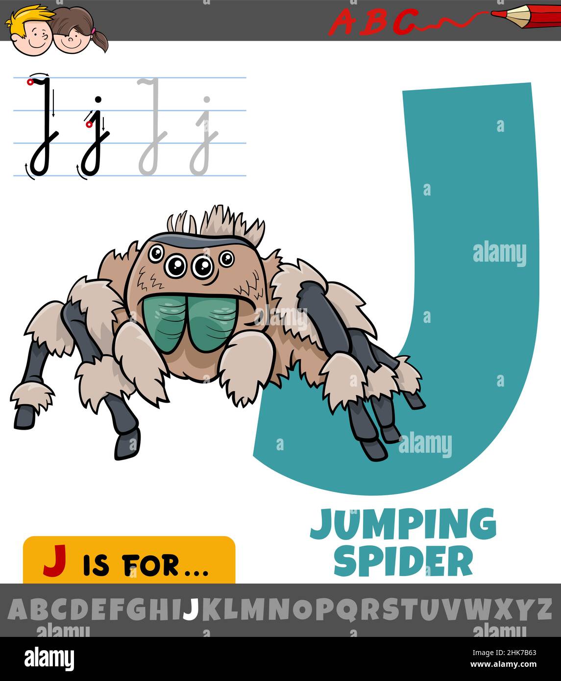 Educational cartoon illustration of letter J from alphabet with jumping ...