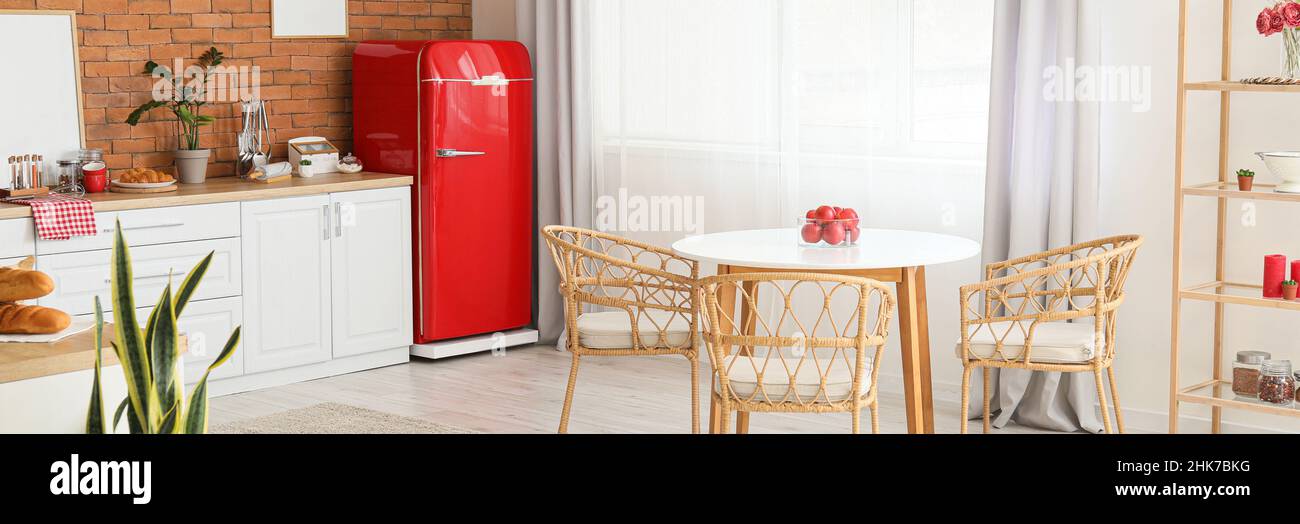 Interior of modern kitchen with stylish red refrigerator Stock Photo ...