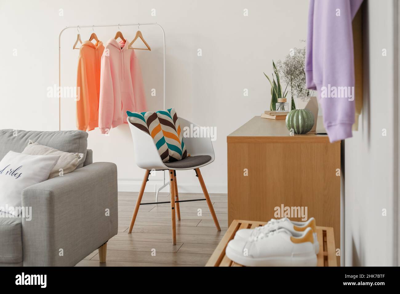 Interior of modern room with clothes rack Stock Photo - Alamy