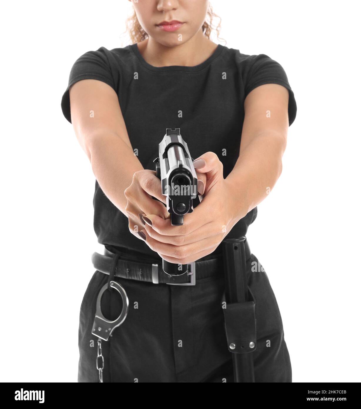 African-American female security guard with gun on white background ...
