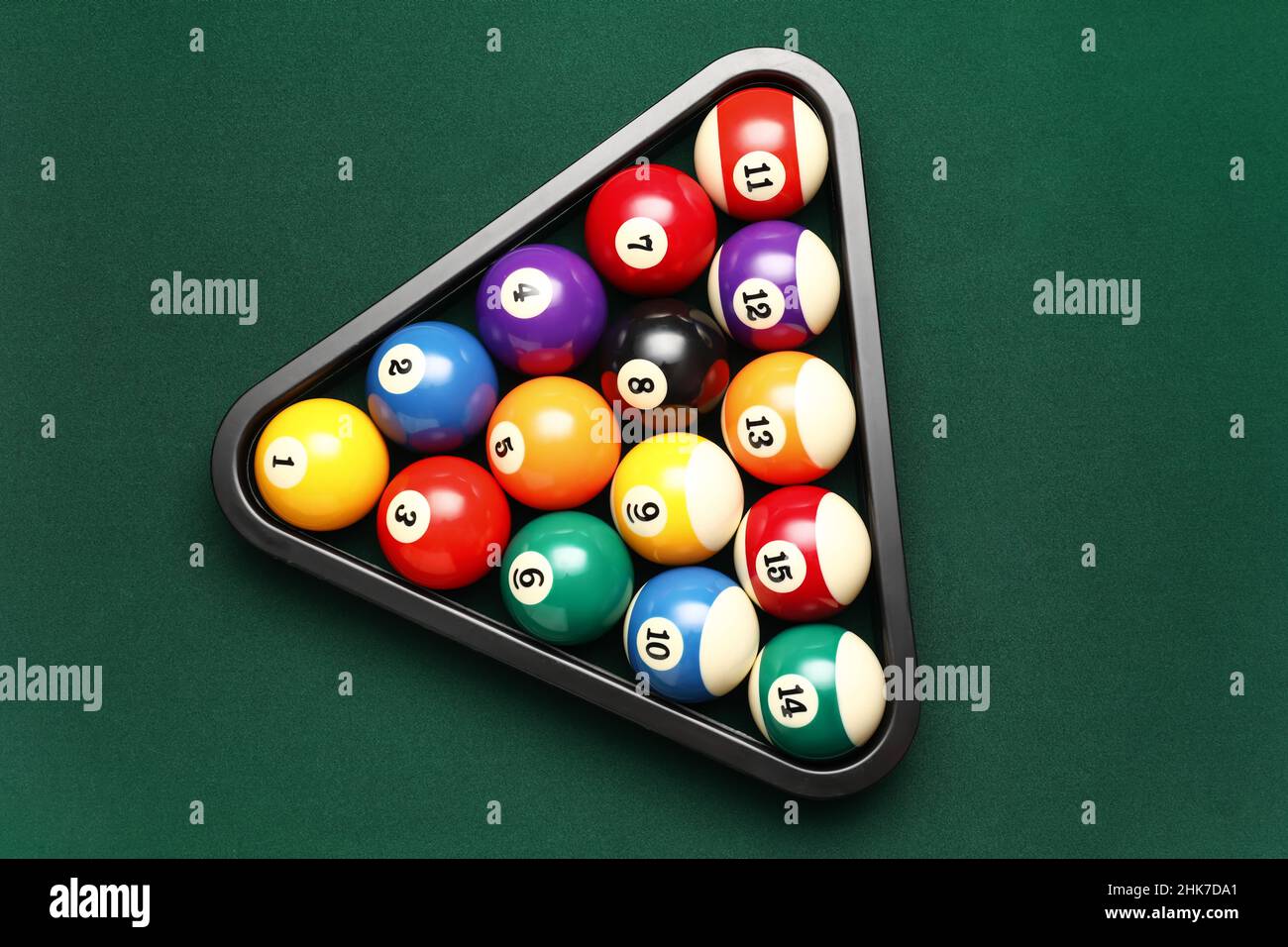 Rack with billiard balls on green table Stock Photo - Alamy
