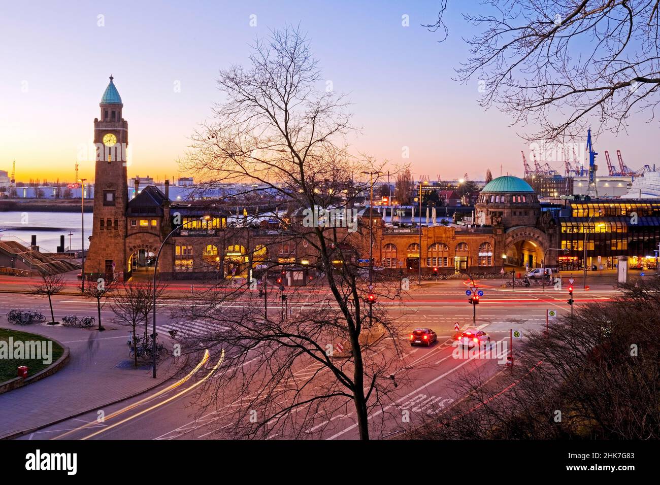 Clock tower and gauge tower at sunrise, Landungsbruecken, St. Pauli ...