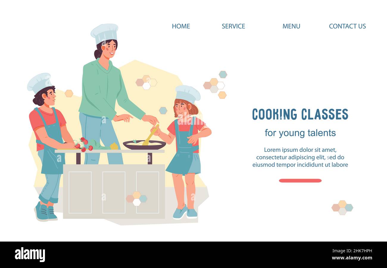 Kids cooking culinary class web landing page layout, flat illustration ...