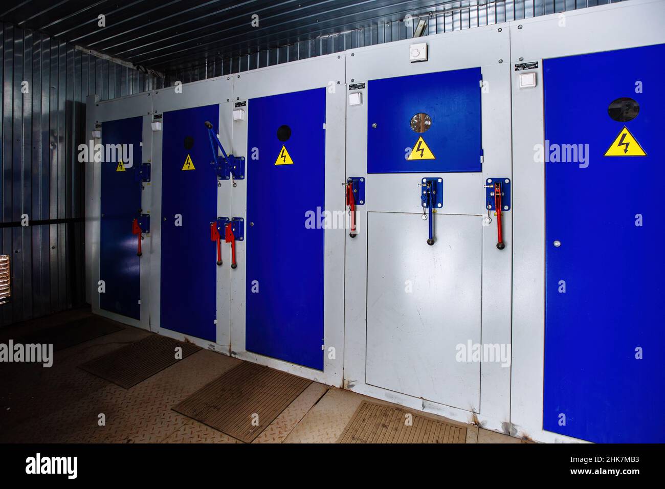 Transformer box. Locked metal doors of switchgear cabinets Stock Photo ...