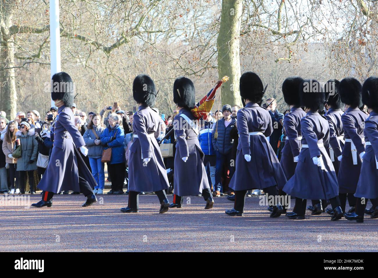 Household Guards marching on the Mall, in winter sunshine, London, UK ...