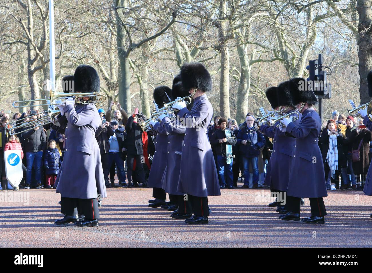 Household Guards marching on the Mall, in winter sunshine, London, UK ...