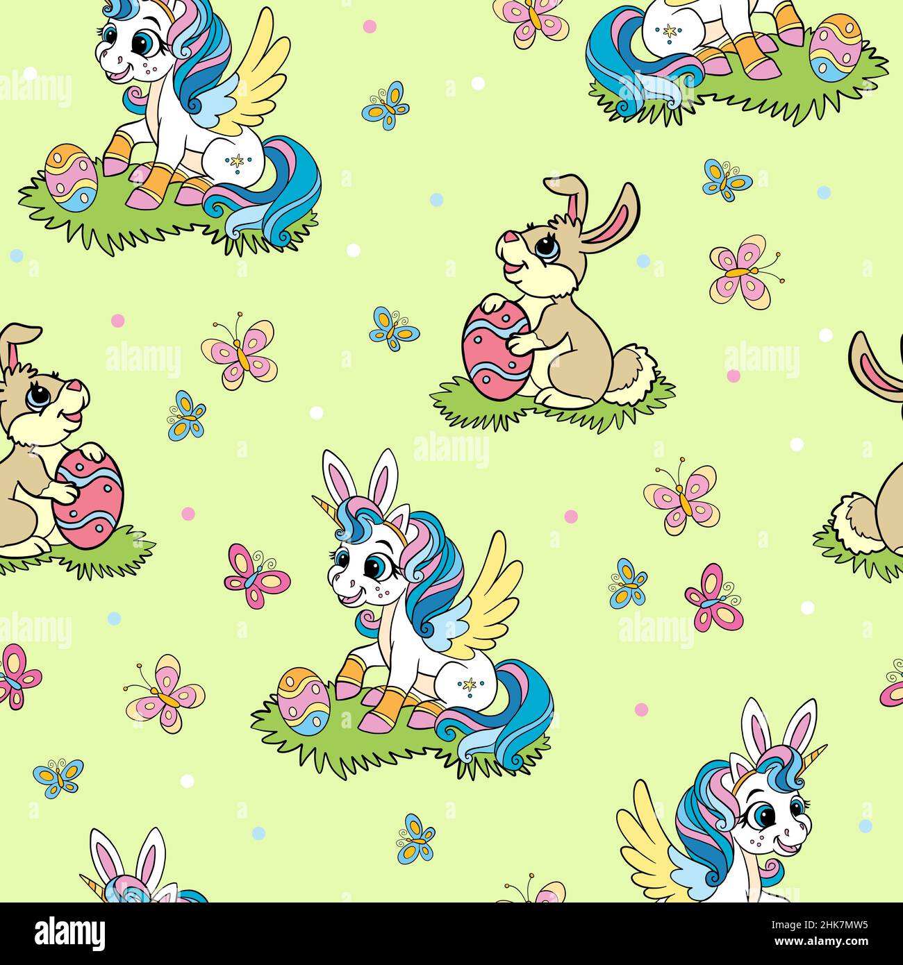 Cute easter unicorn and rabbit with butterflies seamless pattern on ...