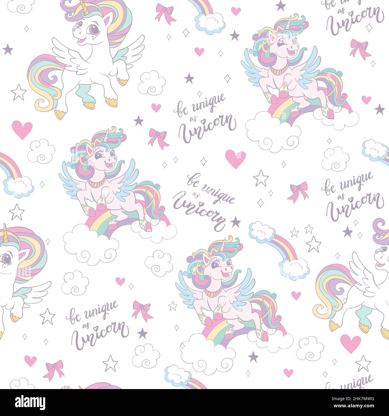 Cute joyful unicorns with lettering and rainbows seamless pattern on ...