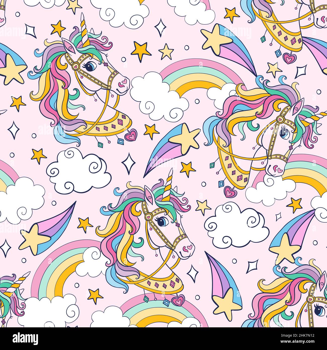 Cute dreaming unicorns head with magic elements and rainbows seamless ...