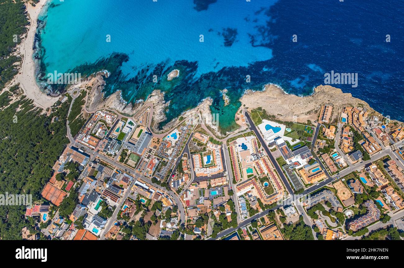 Aerial view, Cala Agulla beach, Cala Lliteres bay with hotels and rocky ...