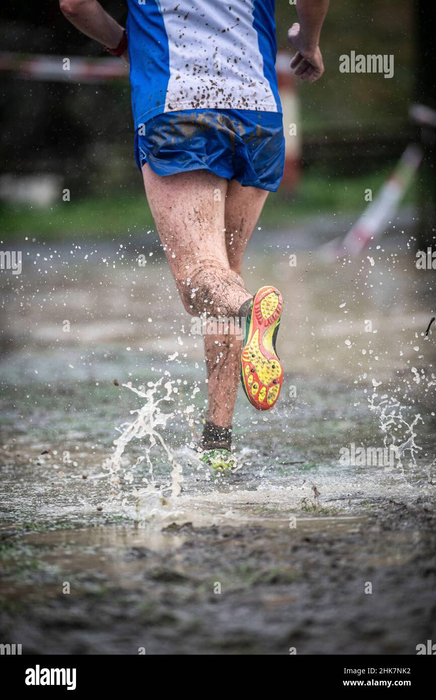 Athlete's legs running in a Cross Country between water and mud, pure ...