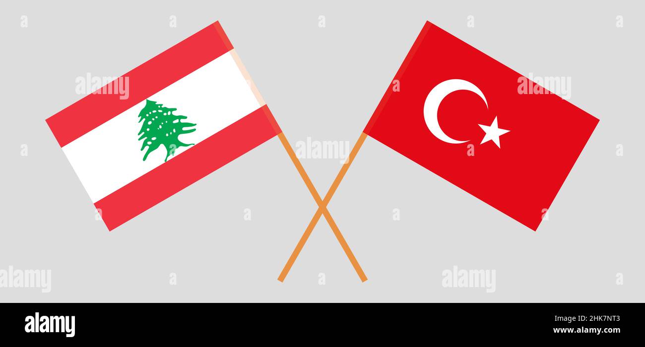 Crossed flags of Lebanon and Turkey. Official colors. Correct ...