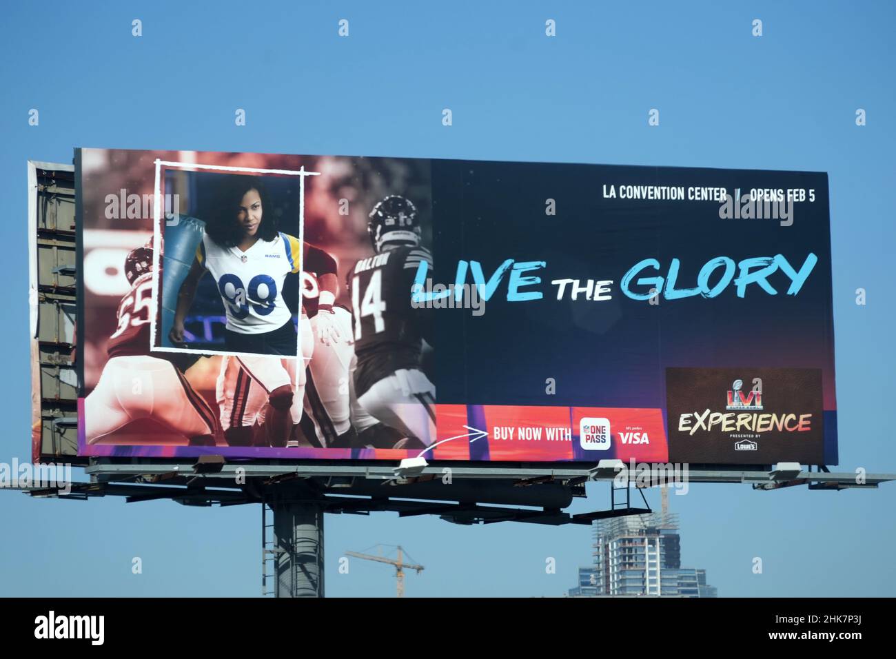 A billboard promoting the Super Bowl LVI Experience at the LA ...