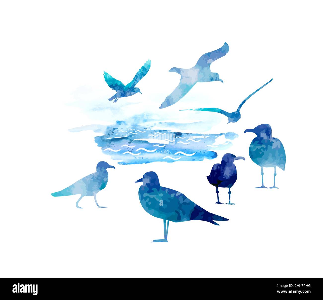 Flying blue watercolor seagulls. Vector illustration Stock Vector Image ...