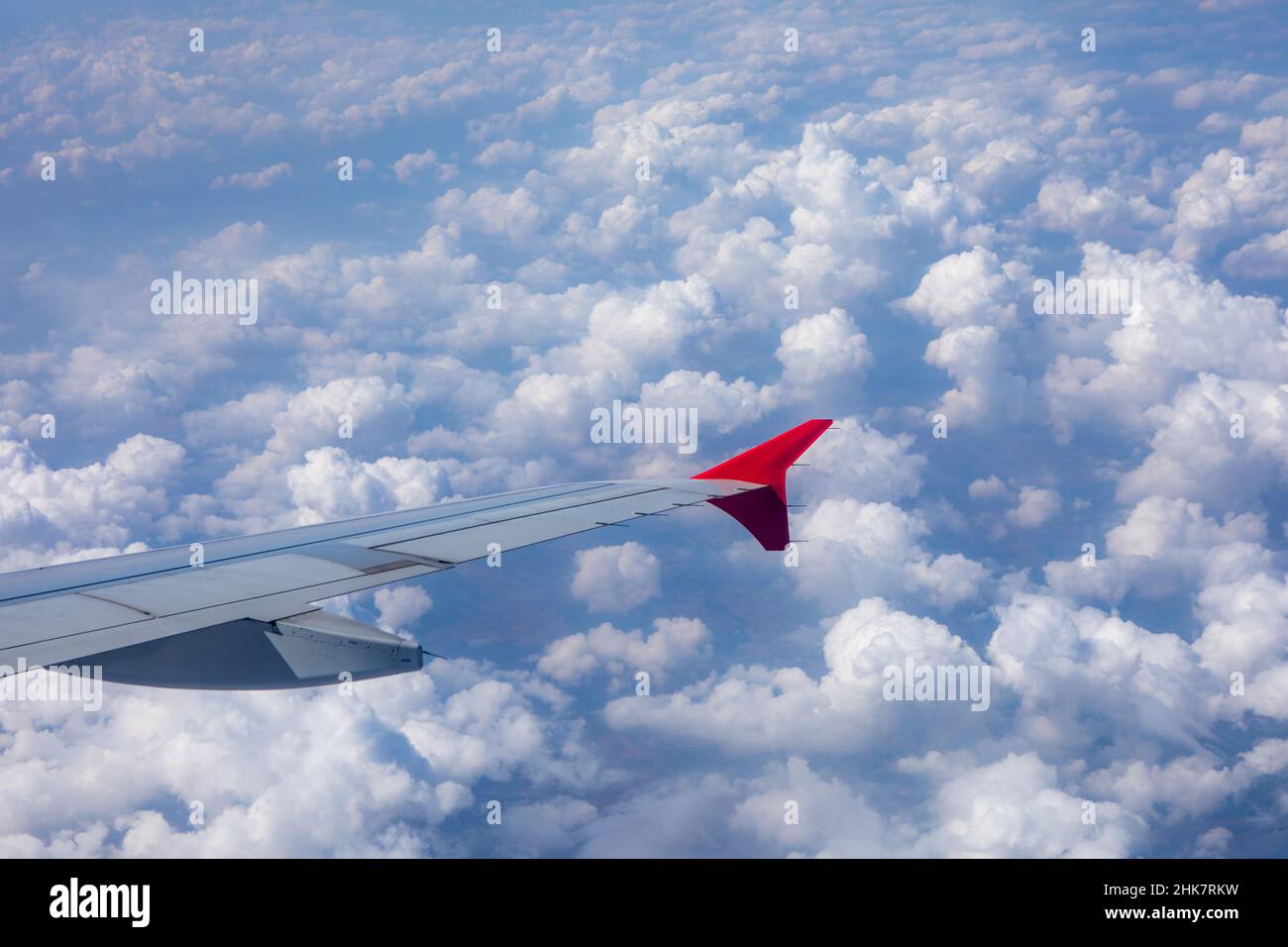 Zagreb, Croatia – November 2020. the wing of an airplane flying high in ...