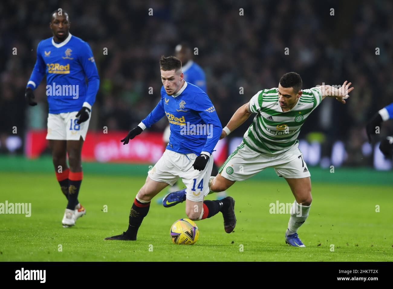 Glasgow, Scotland, 2nd February 2022. Ryan Kent of Rangers and Giorgos ...