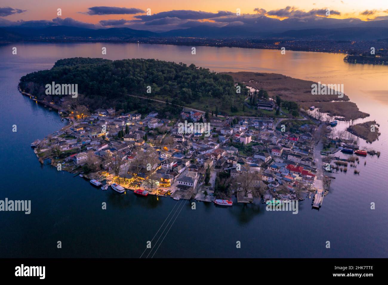 Aerial view of Ioannina city in Greece, Aslan Pasha Tzami, the lake ...