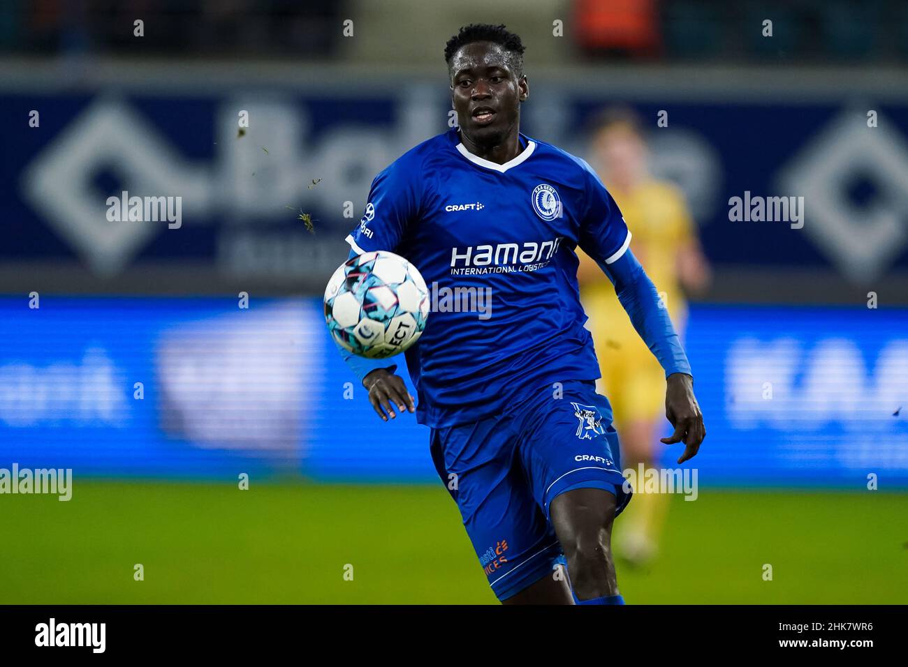 GENT, BELGIUM - FEBRUARY 2: Joseph Okumu of KAA Gent during the Croky ...