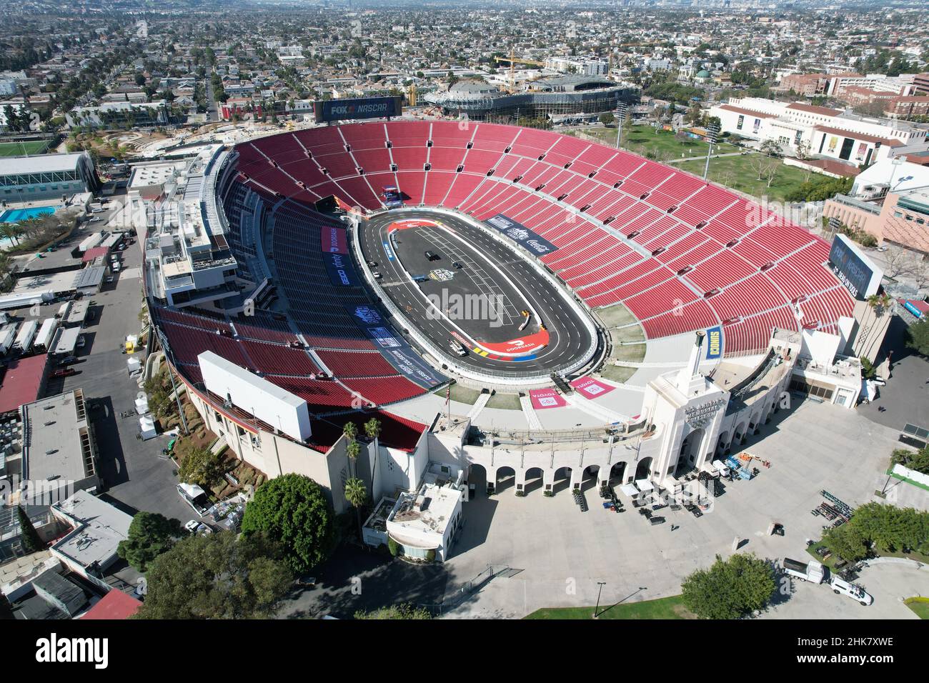An aerial view of the temporary asphalt racetrack at the Los Angeles Memorial Coliseum for the ...