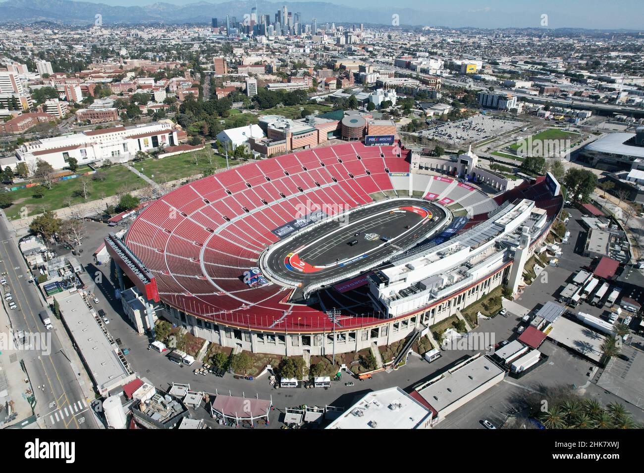 An aerial view of the temporary asphalt racetrack at the Los Angeles ...