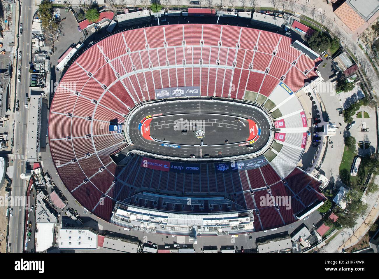 An aerial view of the temporary asphalt racetrack at the Los Angeles Memorial Coliseum for the ...