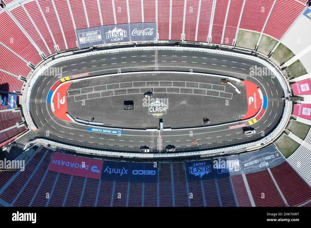 An aerial view of the temporary asphalt racetrack at the Los Angeles Memorial Coliseum for the ...