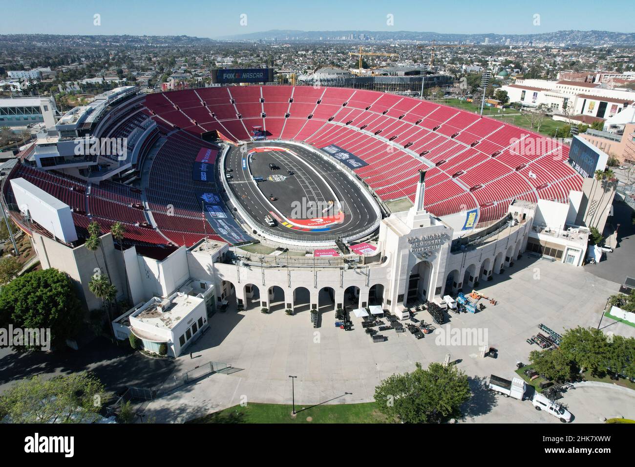 An aerial view of the temporary asphalt racetrack at the Los Angeles Memorial Coliseum for the ...