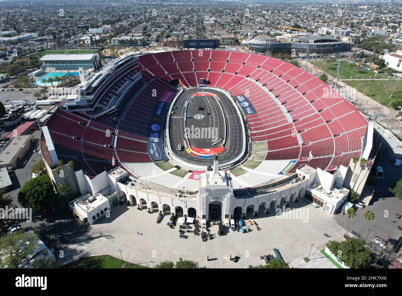 An aerial view of the temporary asphalt racetrack at the Los Angeles Memorial Coliseum for the ...