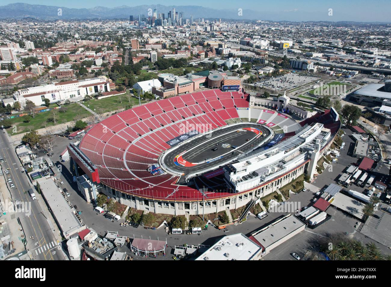 An aerial view of the temporary asphalt racetrack at the Los Angeles Memorial Coliseum for the ...