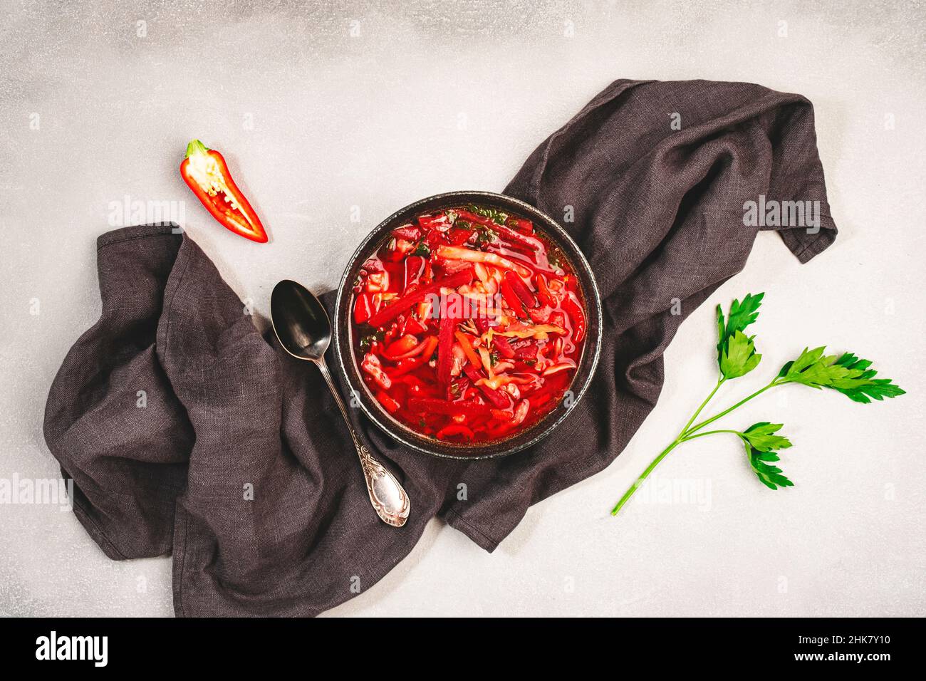 Homemade red cabbage soup with beets, vegetables and herbs, Russian ...