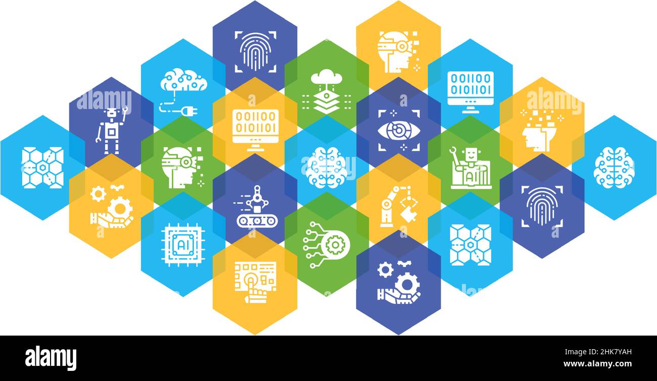 Artificial Intelligence line icons banner. Robotics, Chatbot, Database, Big Data Concept set ...