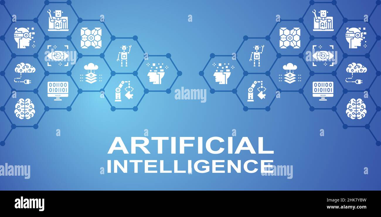 Artificial Intelligence vector illustration on blue background. Robotics, Chatbot, Database, Big ...