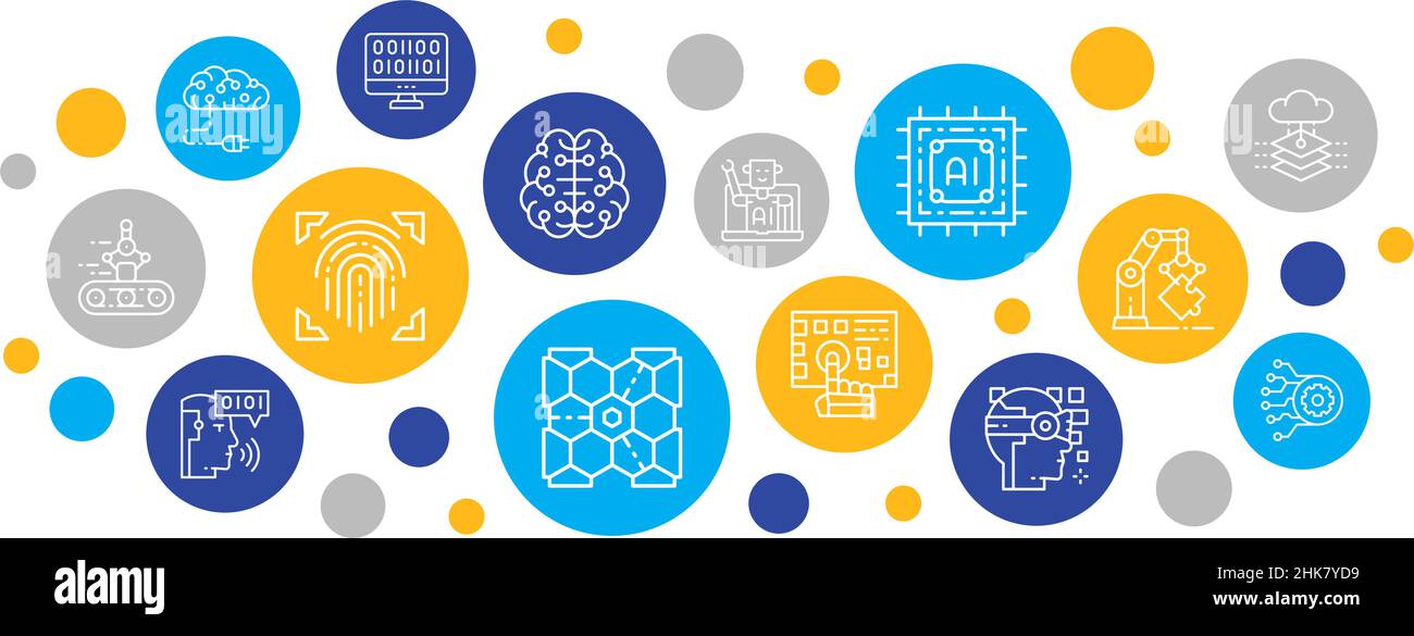 Artificial Intelligence line icons banner template. Robotics, Chatbot, Database, Big Data vector ...