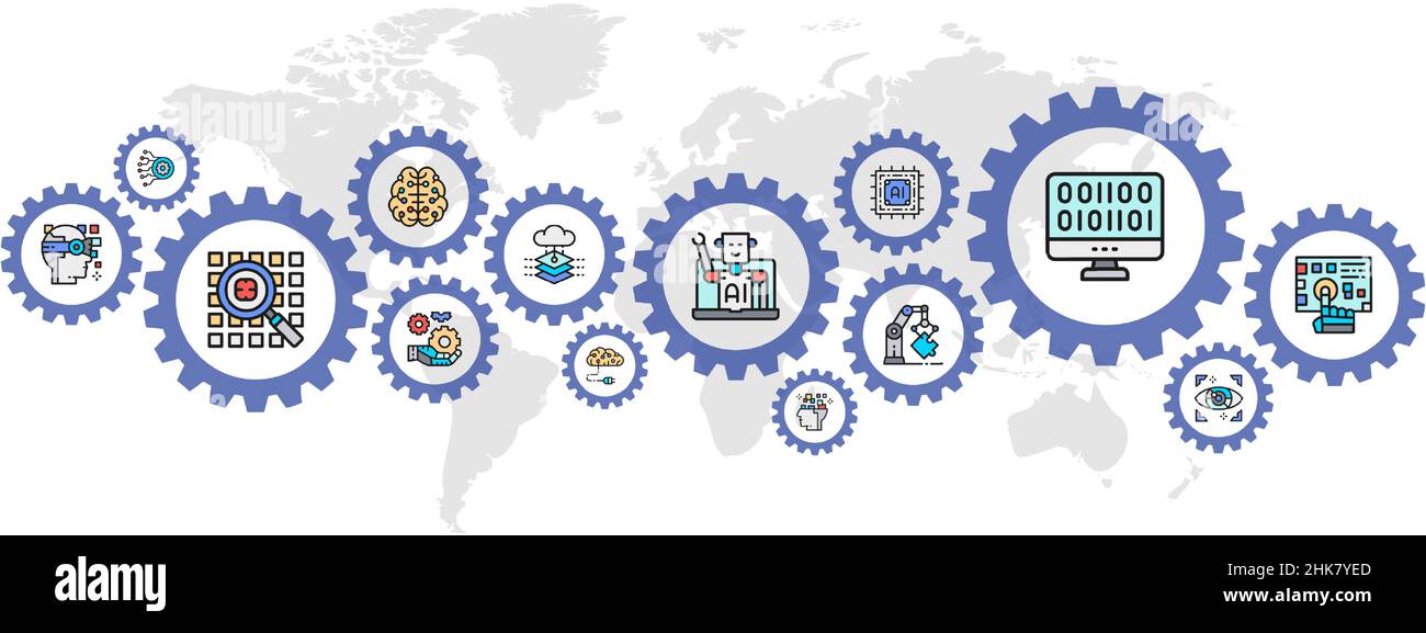 Artificial Intelligence banner with colored web icons . Robotics, Chatbot, Database, Big Data ...