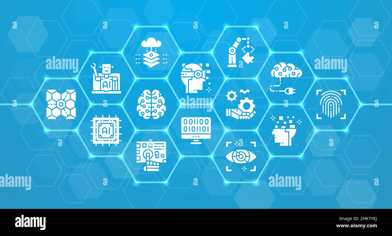 Artificial Intelligence modern icons line banner. Robotics, Chatbot, Database, Big Data ...