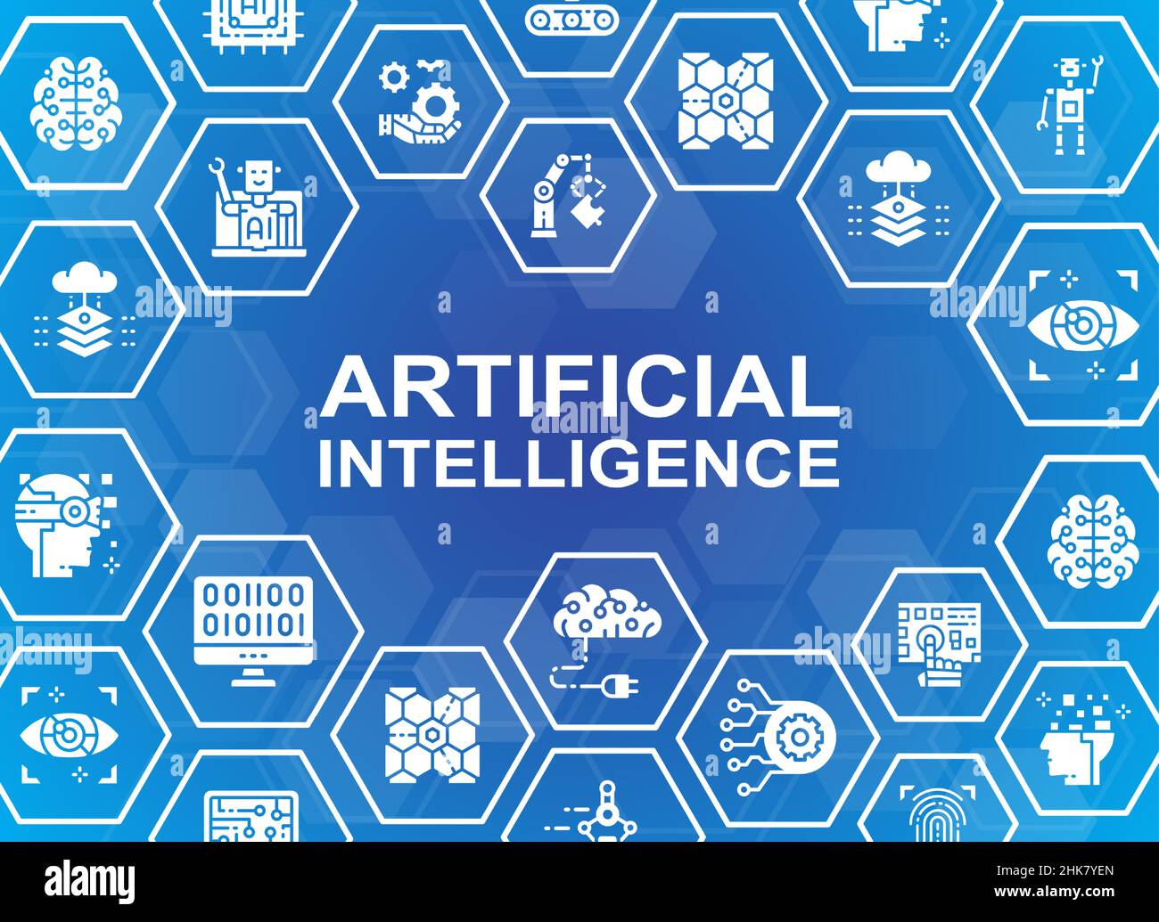 Artificial Intelligence icons banner. Robotics, Chatbot, Database, Big Data icons web header ...