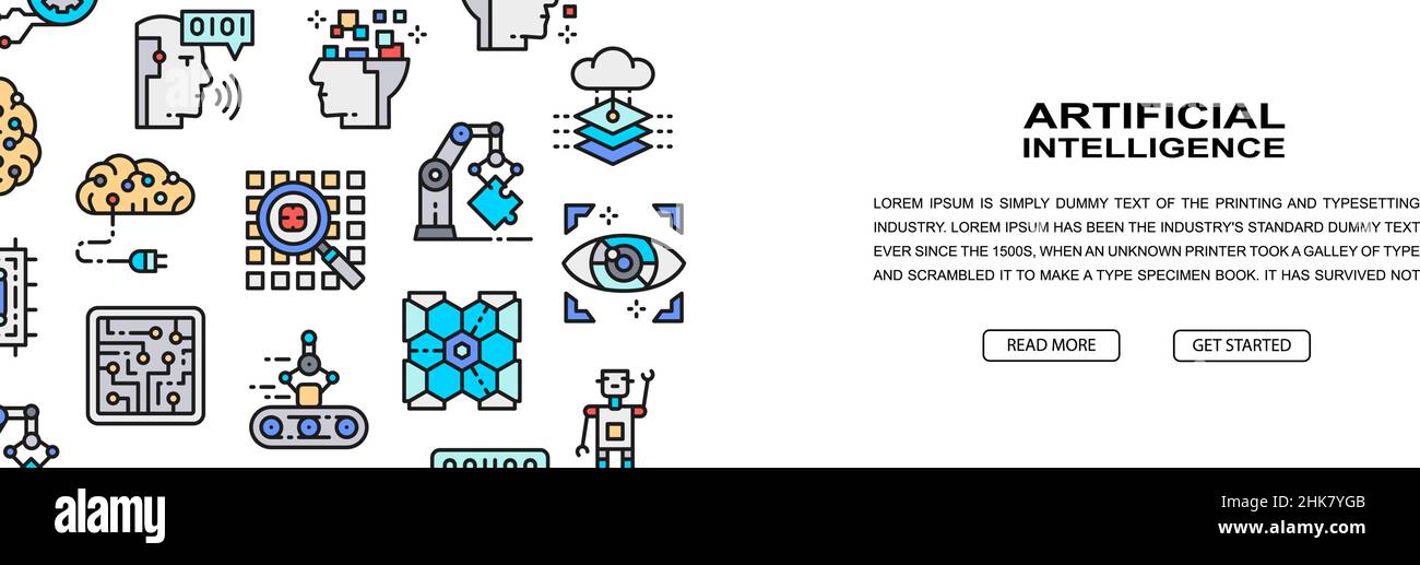 Artificial Intelligence horizontal icon banner design. Robotics, Chatbot, Database, Big Data ...