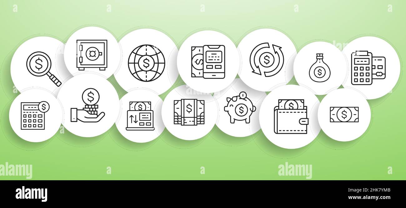 Money and Banking banner with line icons. Credit Card, Currency ...