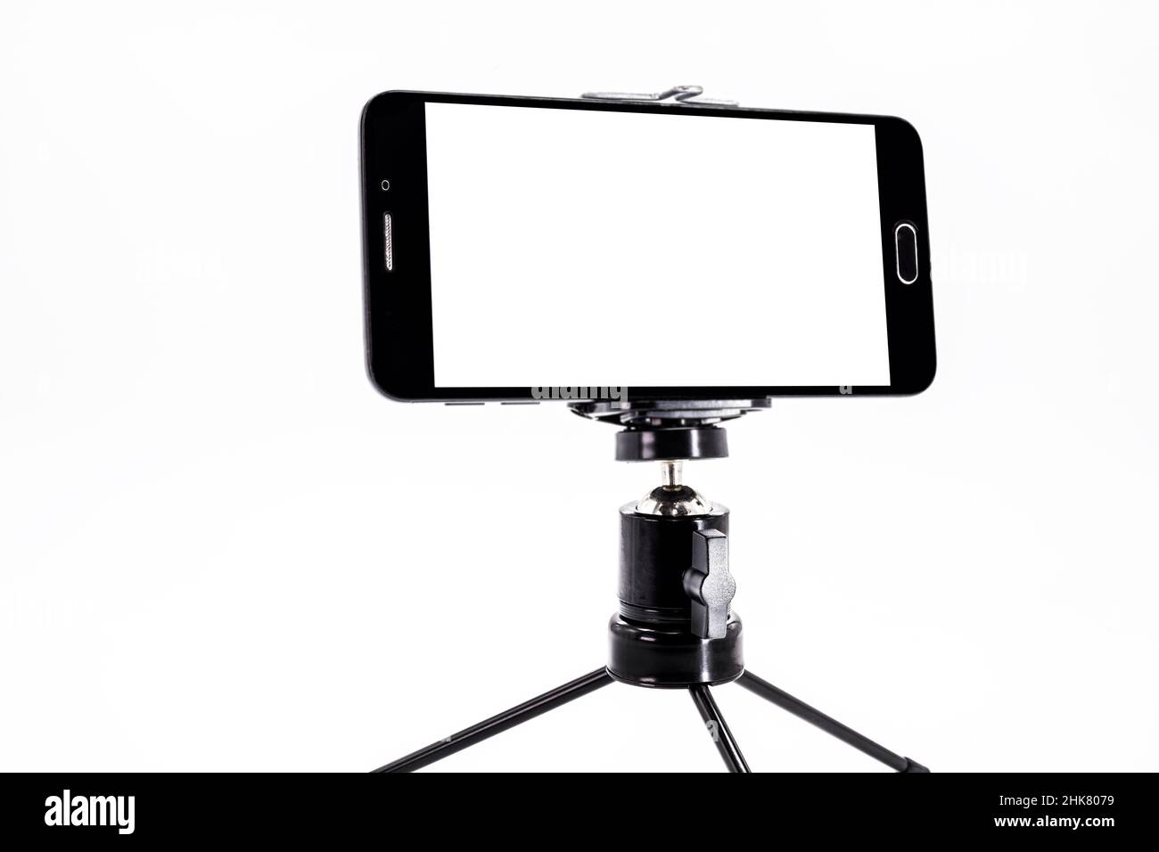 black smartphone cell phone in horizontal position filming and ...