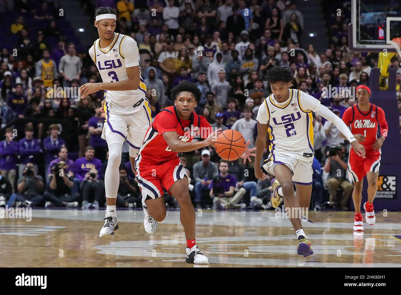 February 1, 2022: Ole Miss' Daeshun Ruffin (2) tries to beat LSU's Eric ...