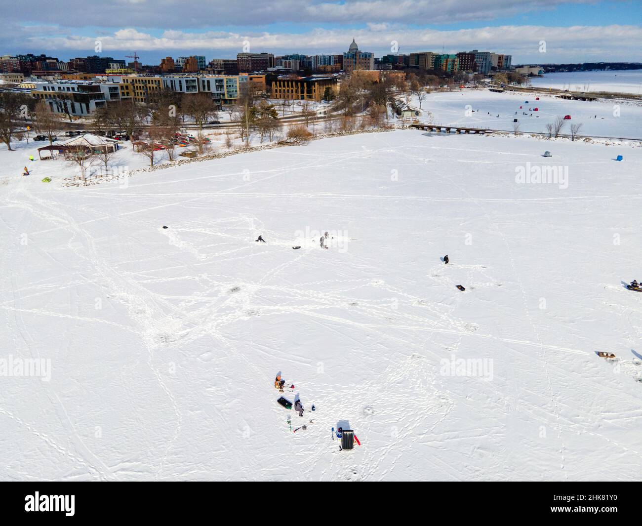 Winter, aerial photograph of people icefishing on Monona Bay, Lake ...