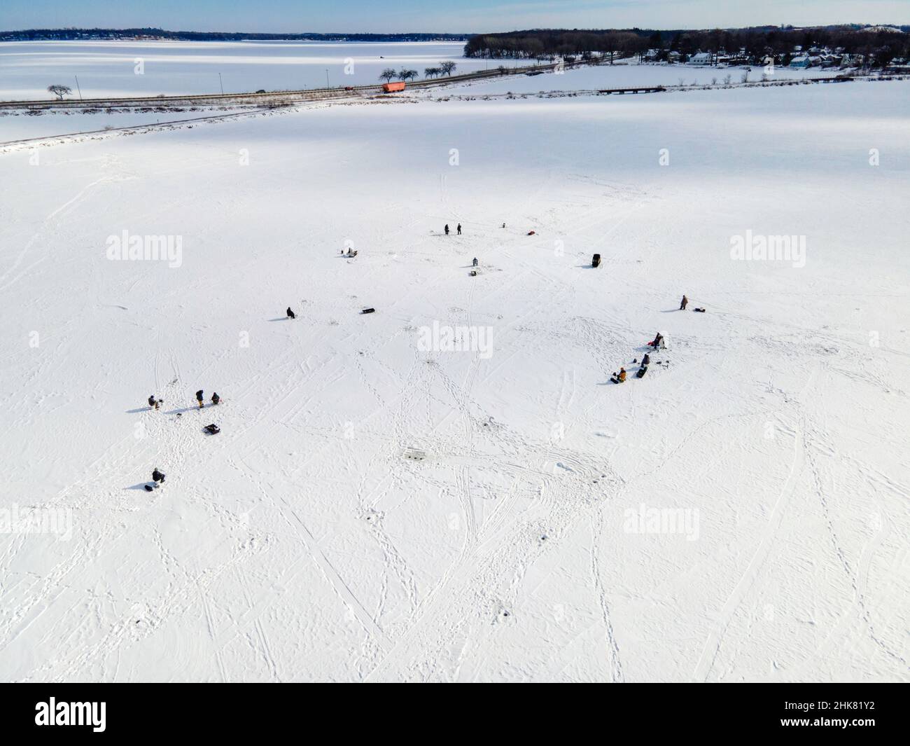 Winter, aerial photograph of people icefishing on Monona Bay, Lake ...