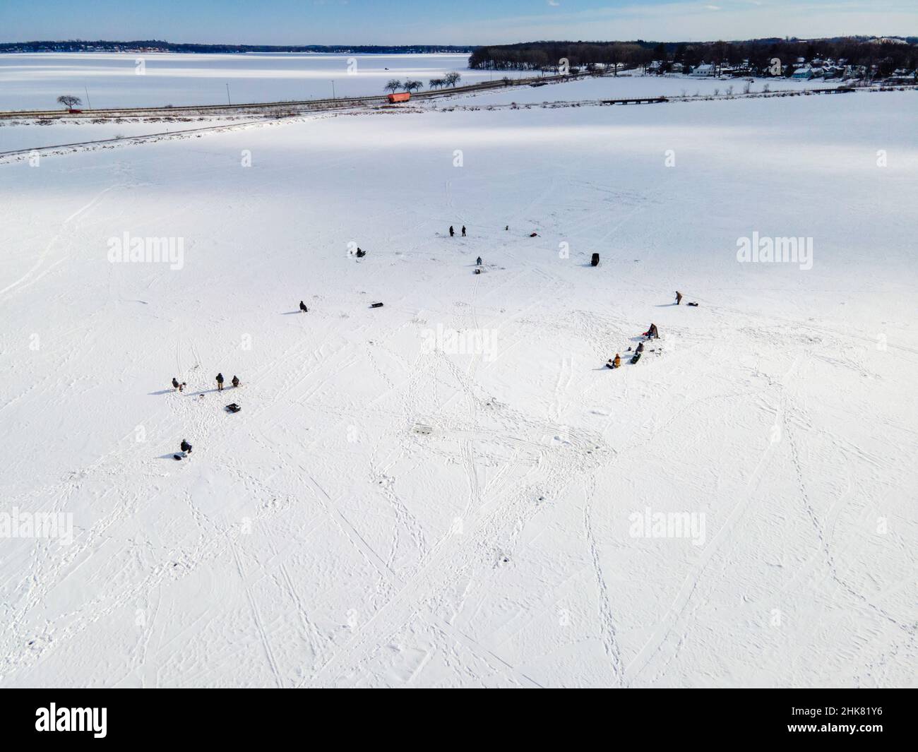 Winter, aerial photograph of people icefishing on Monona Bay, Lake ...