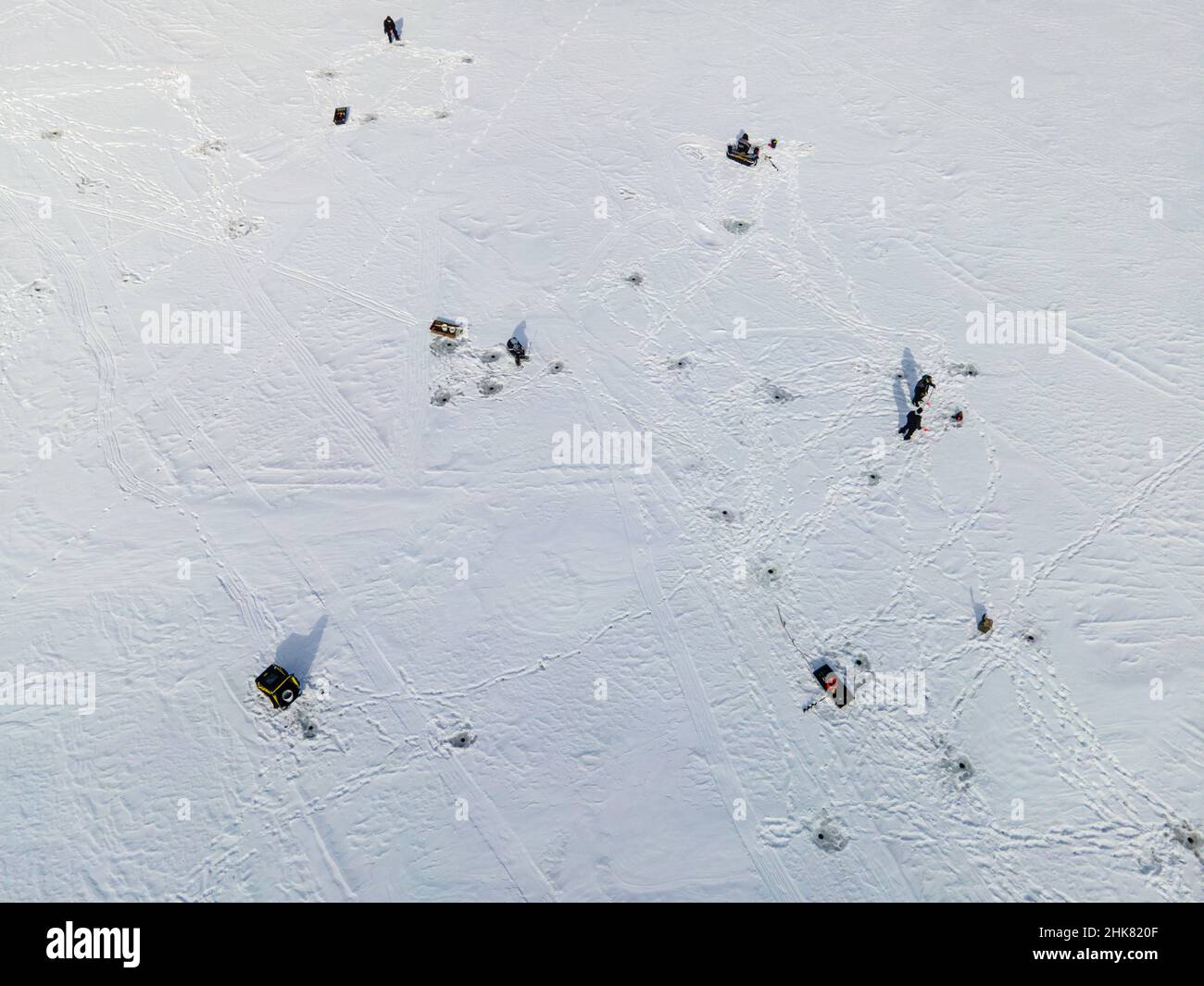 Winter, aerial photograph of people icefishing on Monona Bay, Lake ...