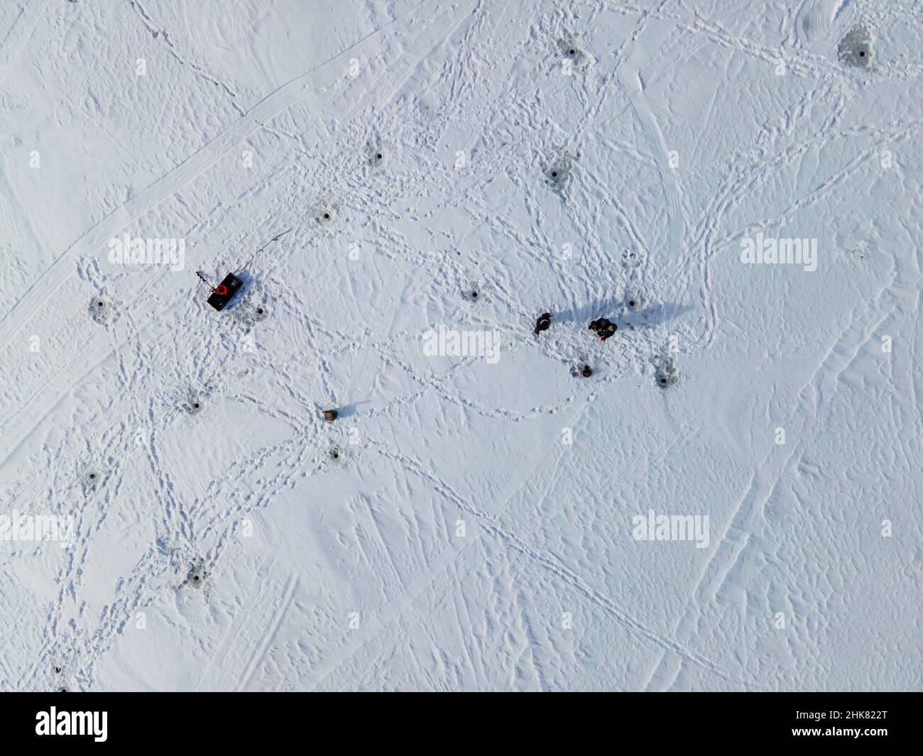 Winter, aerial photograph of people icefishing on Monona Bay, Lake ...