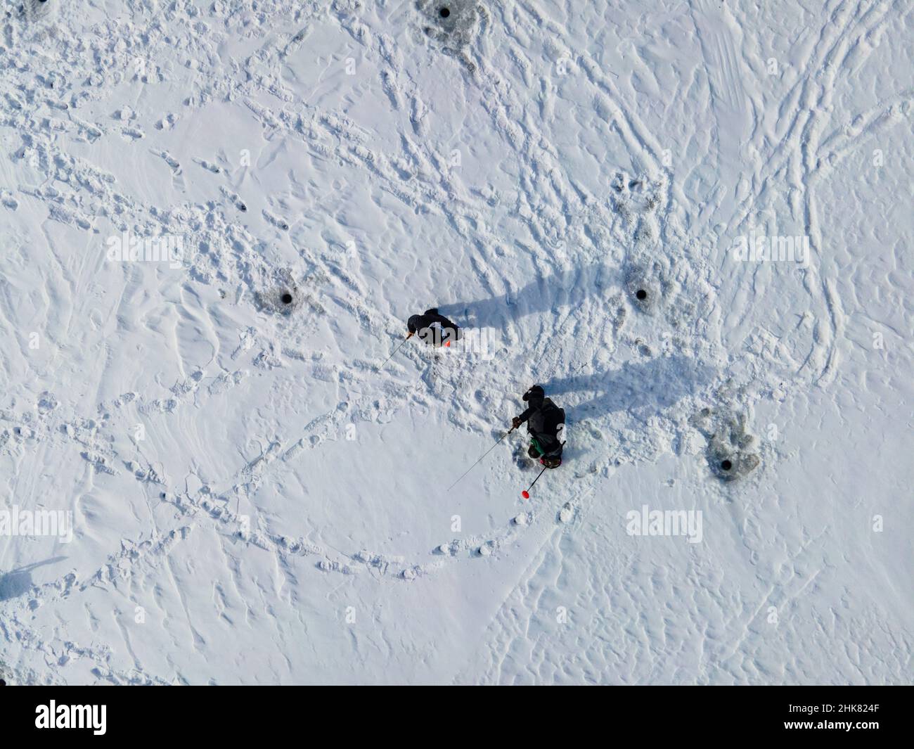 Winter, aerial photograph of people icefishing on Monona Bay, Lake ...