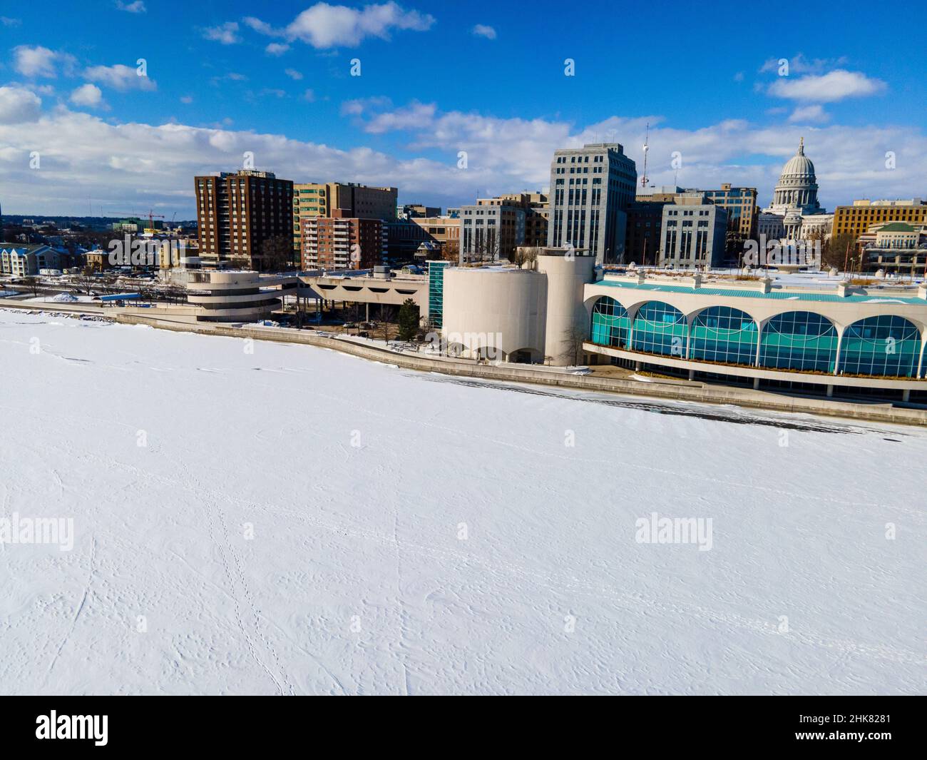 Winter, aerial photograph of downtown Madison, Wisconsin and the Monona ...